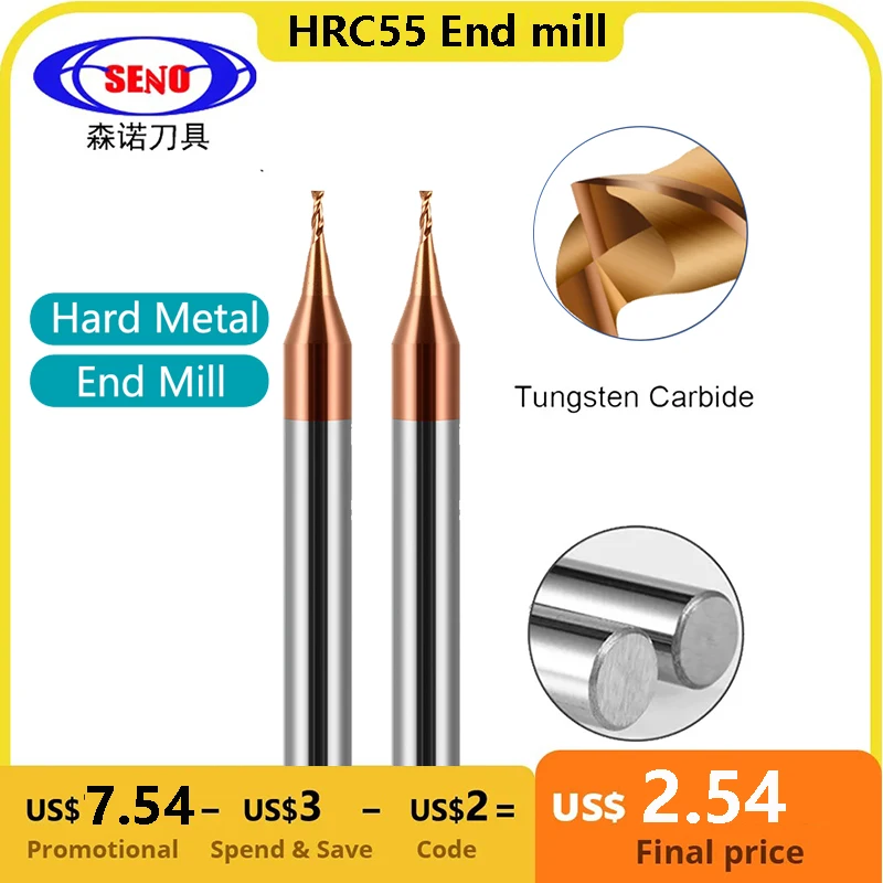 SENO HRC55 Micro Carbide End Mill 2 Flutes 0.2-0.9mm TiAIN Micro Flat ...