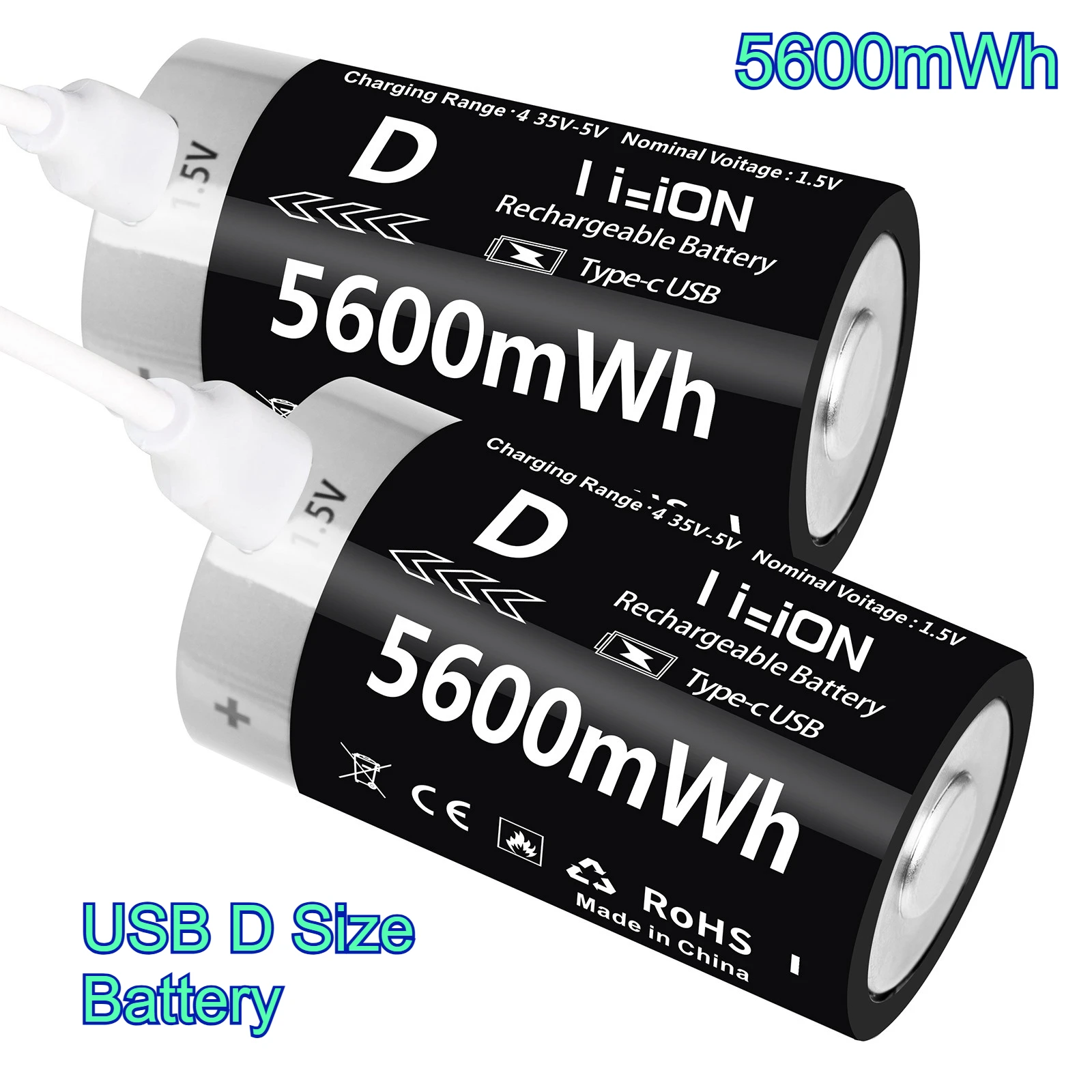 USB Rechargeable Battery 1.5V 5600mWh D Size Lithium Battery Li-io ...