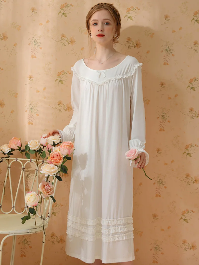 Women Princess Night Dress Cotton Nightgown Loose Long Sleeve Vintage ...
