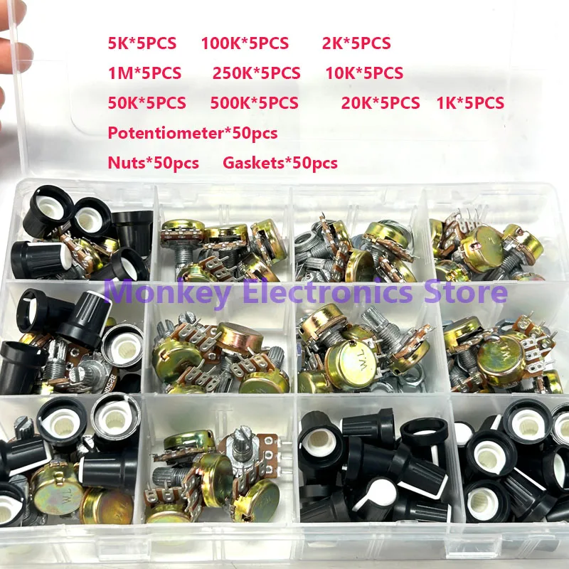 200pcs Wh148 Single 3pin Potentiometer Kit 1K 2K 5k 10k 20K 100k 50K 1M ...