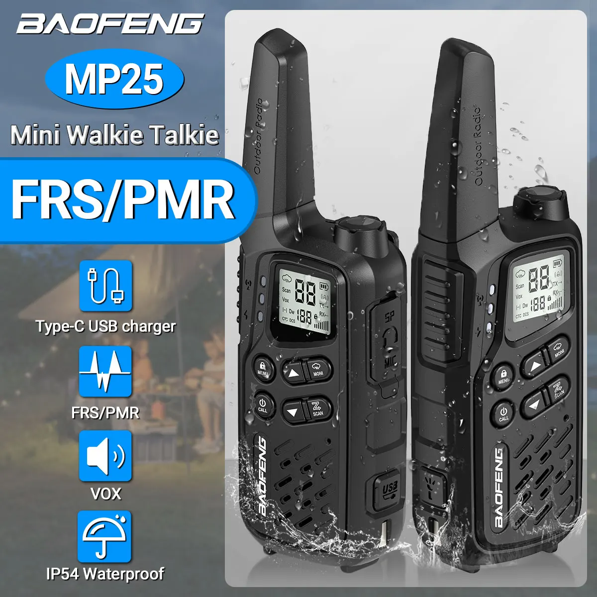 Baofeng – walkie talkie MP25 PMR/FRS, longue portée, Rechargeable, avec ...