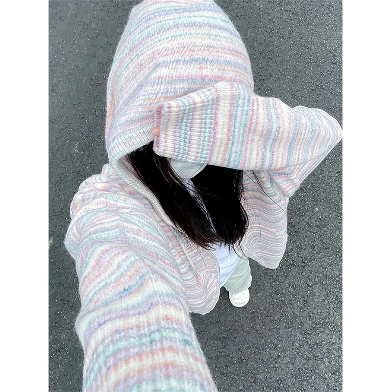 Y2K Striped Knitted Cardigan Women Oversized Hooded Sweater Coat ...