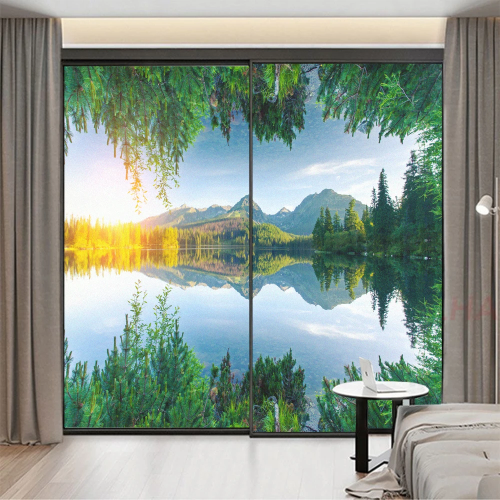 Anti-UV-Privacy-Glass-Window-Film-Lakeside-Scenery-Pattern-Glue-Free ...