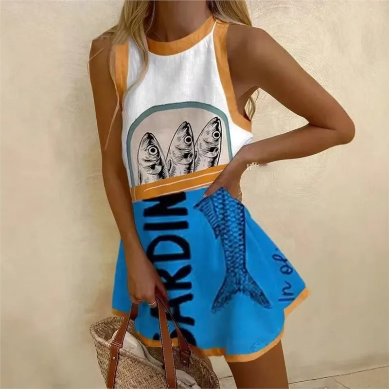 2025 New Casual Fish-printed Mini Dresses Round Neck Sleeveless Loose A ...