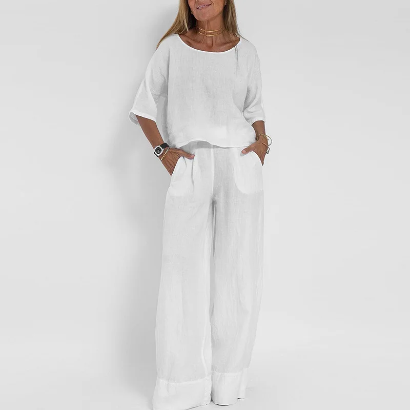 Linen Suits for Women 2 Pieces Summer Fashion New White Round Neck ...