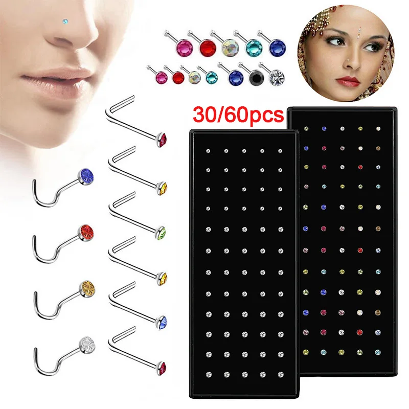 L Shape Stainless Steel Crystal Nose Ring Set Women Surgical Steel Nose ...