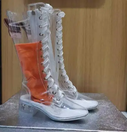 Transparent-PVC-Round-Toe-Cross-Tied-Lace-Up-3-CM-Med-Square-Heels-Knee ...