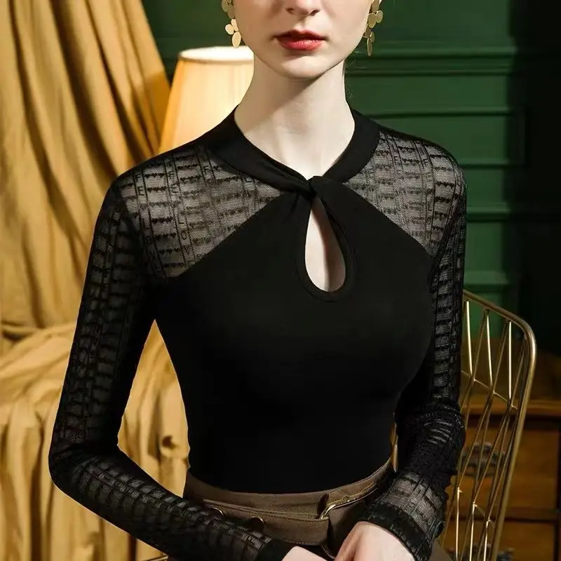 Fashion-Solid-Color-Hollow-Out-T-shirt-Autumn-Women-s-Clothing-Sexy ...