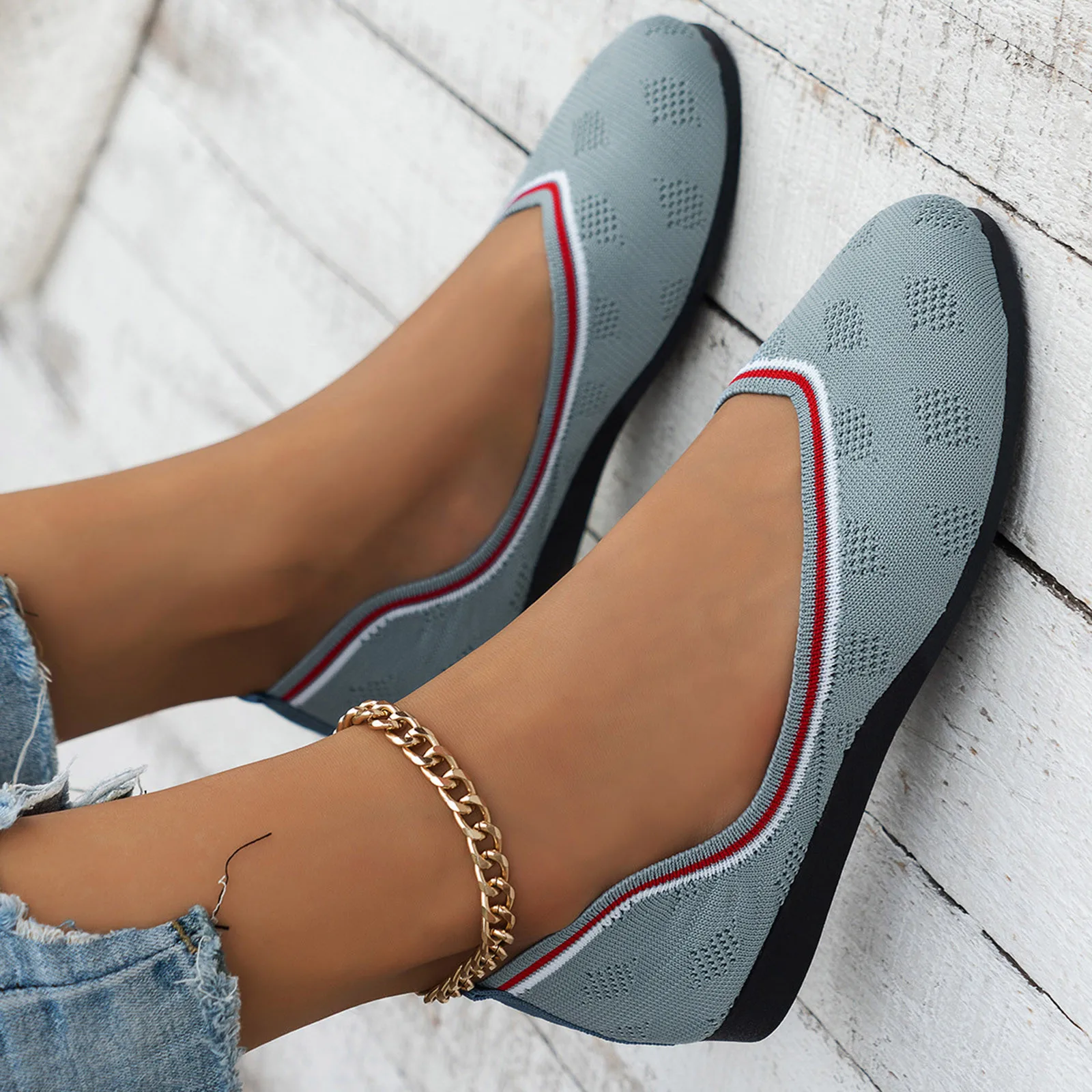 Ladies Solid Color Shoes Fashion Breathable Knitted Mesh Shallow Cut ...