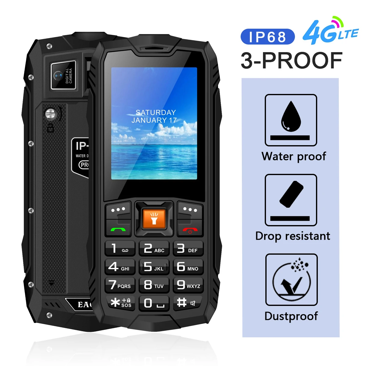 EAOR 4G Feature Phone IP68 Dust/Waterproof Big Battery Dual SIM Rugged ...
