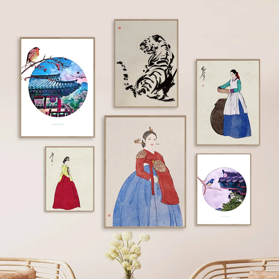 Korea-Palast-Reise-Hanbok-asiatische-Blume-orientalische-Wand-kunst-Leinwand-Malerei-nordische ...