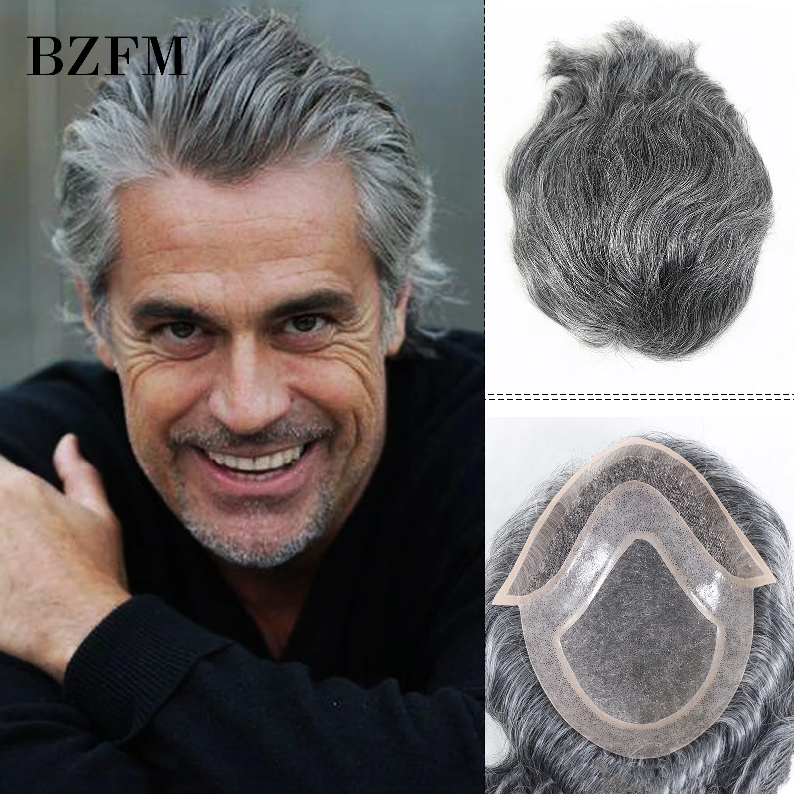 1B50-Grey-White-Color-Human-Hair-Men-Toupee-Mono-Lace-PU-Base-Toupee ...