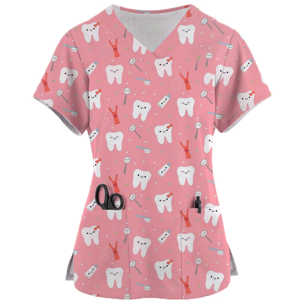 2024-Teeth-Print-Scrub-Tops-Women-Dentist-Working-Uniform-Nurse-Scrub ...