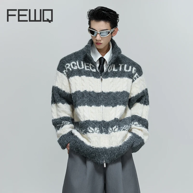 FEWQ Autumn Wimter Men's Cardigan Letter Embroidery Contrast Color ...