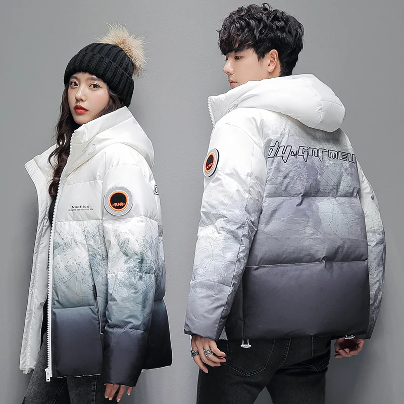 Winter Couple Down Jacket White Duck Down Gradient Hooded Puffer ...