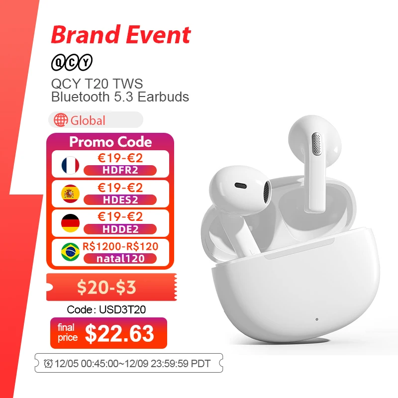 NEW QCY T20 Wireless Earphones Bluetooth 5.3 Earbuds 68ms Low Latency 13mm Driver HIFI ...