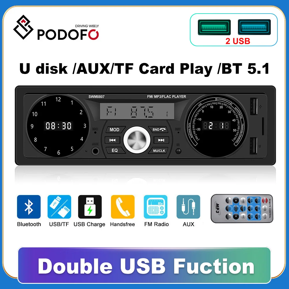 Podofo 1din Car Radio Stereo Player Remote Control Digital Bluetooth ...