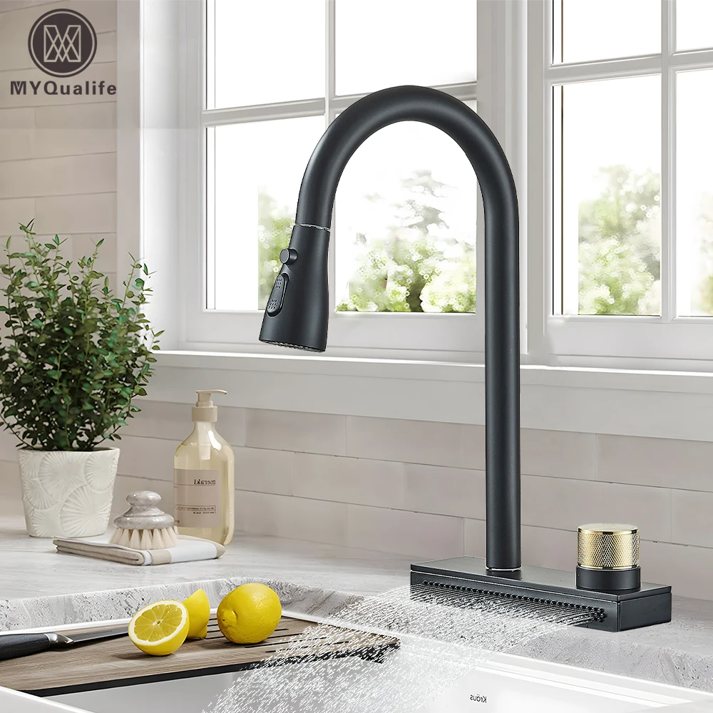 Black-Kitchen-Faucet-With-Rainfall-Waterfall-Wash-4-Function-Brass ...