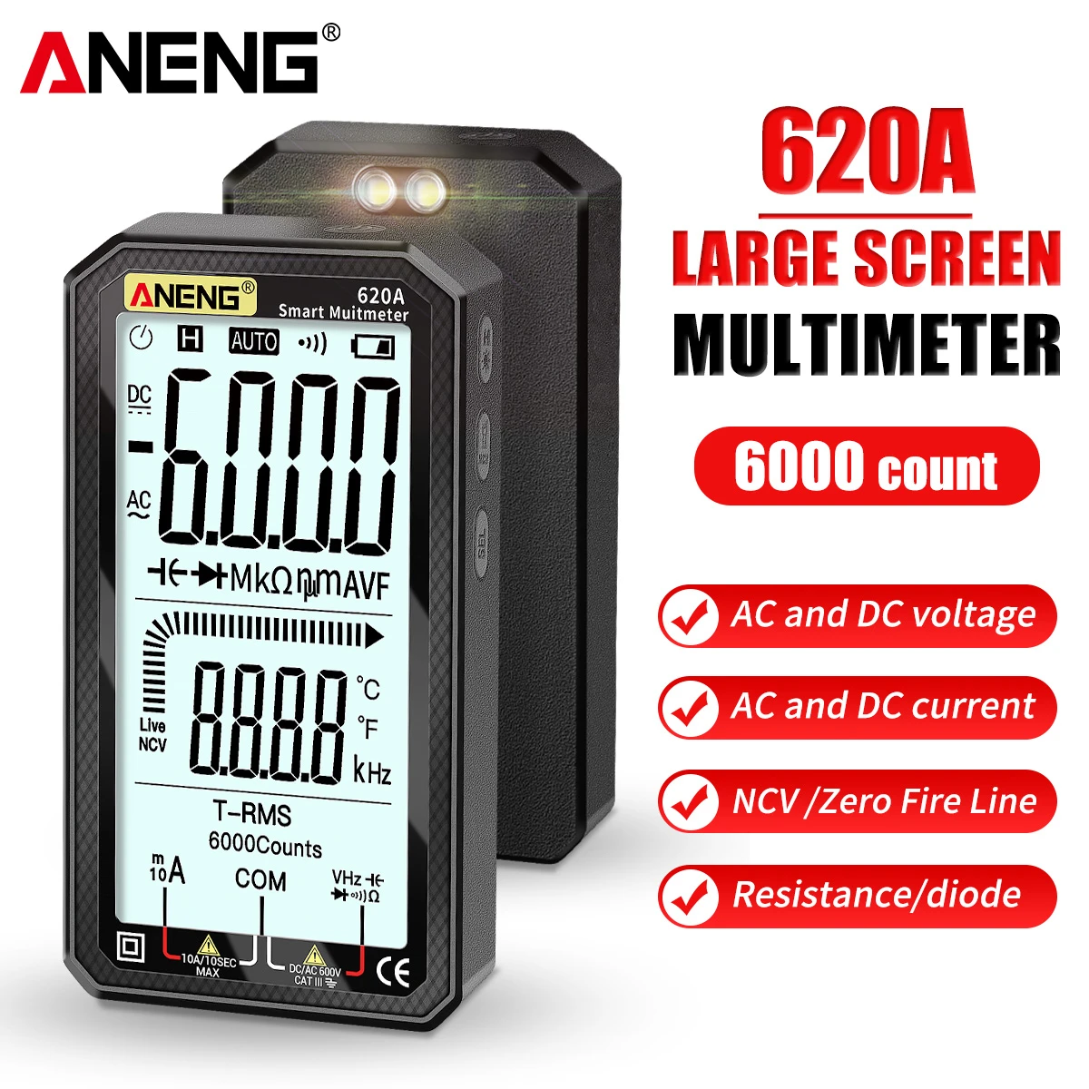 ANENG 620A 4.7 인치 LCD 디스플레이 AC/DC 디지털 멀티미터, 울트라 포터블 True RMS 멀티미터 자동 범위 ...
