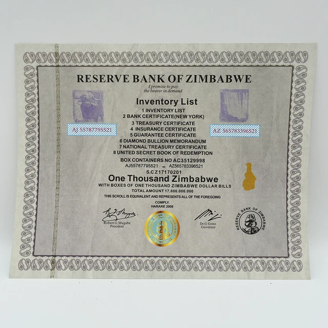 Zimbabwe Certificate One Thousand Notes Unique Serial Number Paper ...