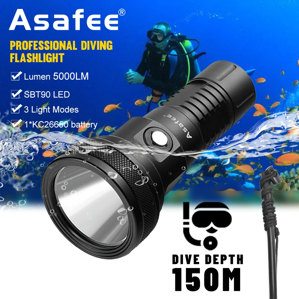 Asafee-DT01-150M-Underwater-Diving-Flashlight-5000LM-SBT90-LED-Powerful ...