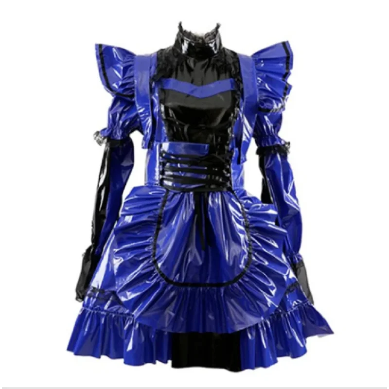 Blue-Role-Play-Maid-Dress-with-Apron-Doll-Skirt-French-Sissy-PVC-Short ...