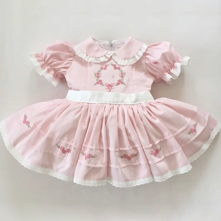 0-12Y Baby Girl Summer Pink Flower Embroidery Turkish Vintage Princess ...