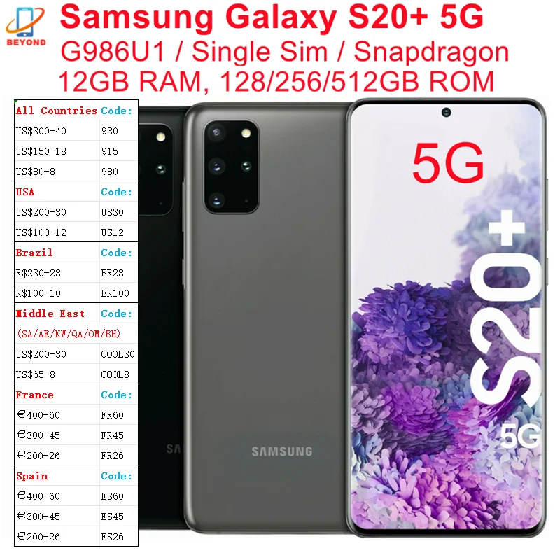 Samsung-Galaxy S20 Plus, S20 +, 5G, G986U1, 6,7 pulgadas, 128/256/512GB de ROM, 12GB de RAM ...