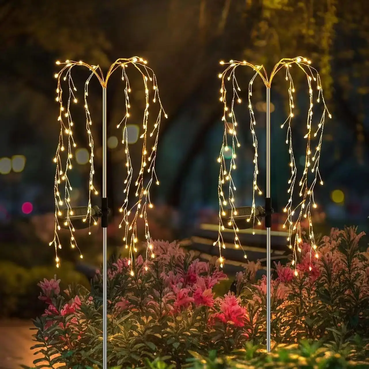 Solar powered firecrackers, ground mounted lights, outdoor atmosphere ...