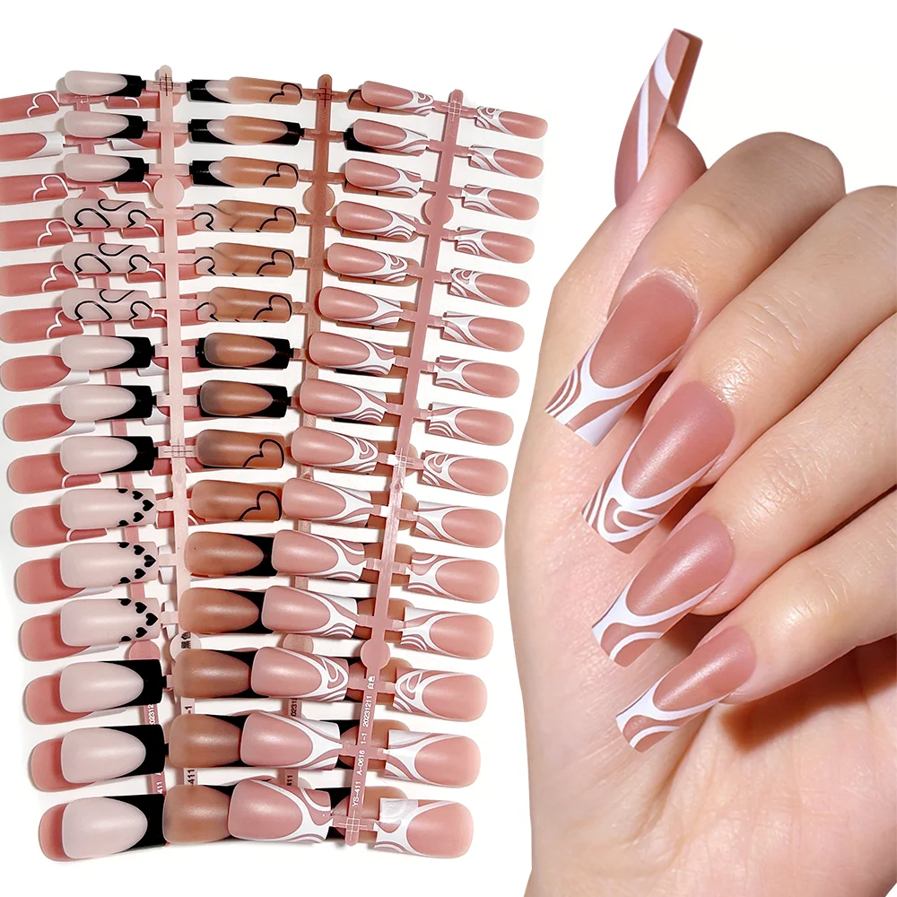 120pcs Medium Square French Press on Nail Brown Pink Base Colors Matte ...