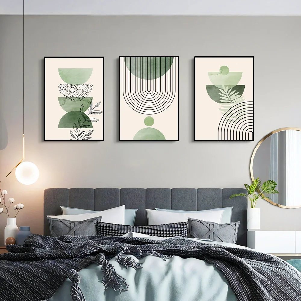 3pcs Geometric Lines Green Plants Canvas Posters Wall Art Home ...