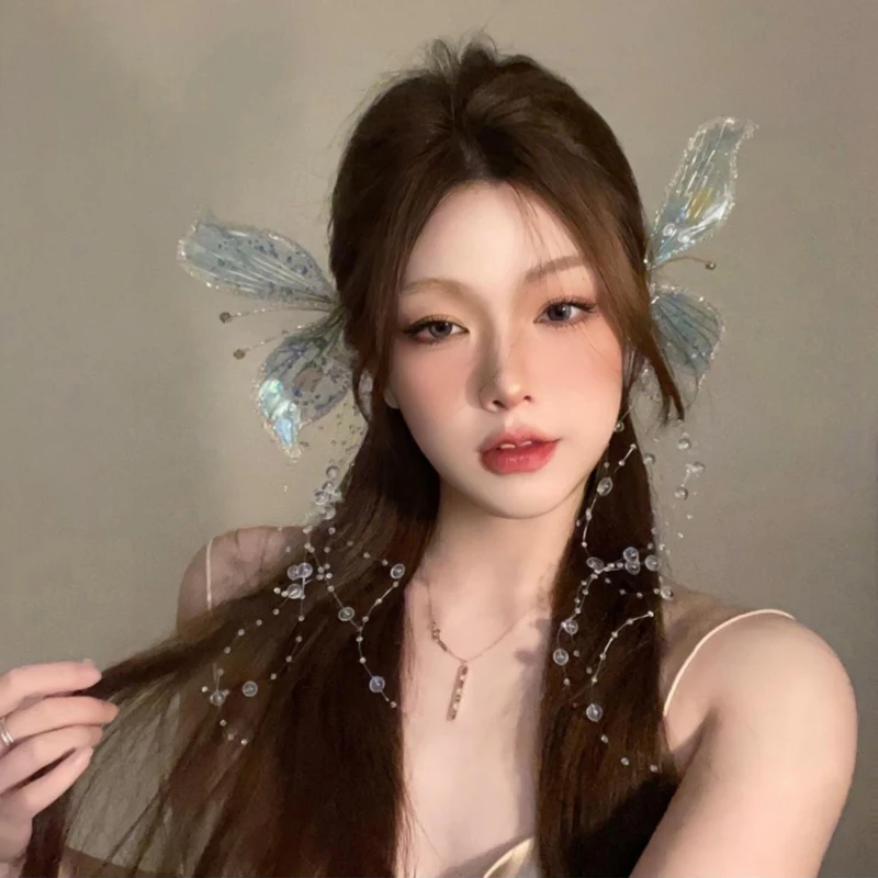 A0kd 장식 머리 바레트 우아한 나비 요정 귀 모자를 쓰고 있죠 여자를위한 패션 헤어핀 여자 크리스탈 프린지 헤어 클립 위시버킷