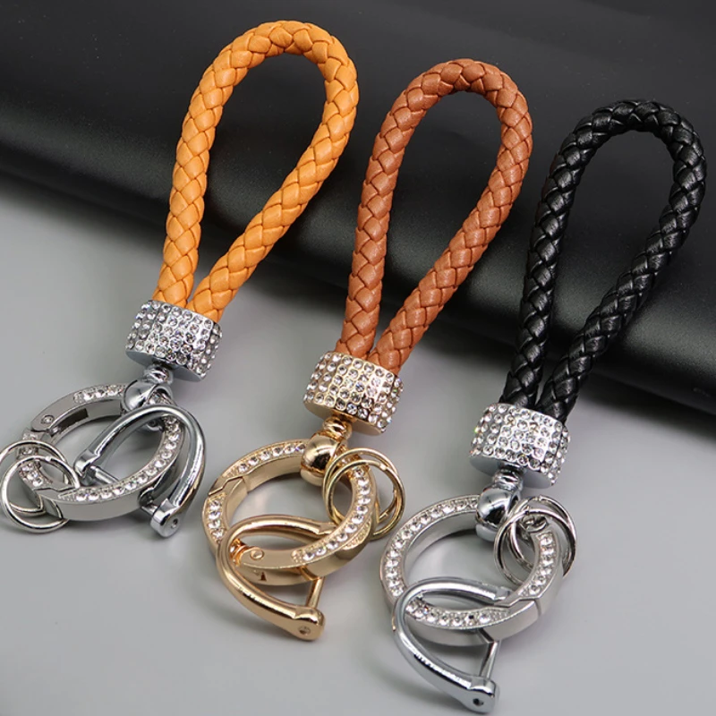 Colorful-Hand-Woven-Leather-Rope-Car-Men-Keyring-Pendant-Shiny-Zircon ...