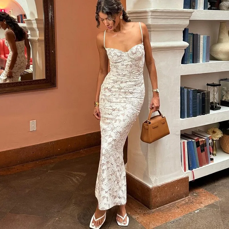 Sexy Hollow Out White Lace Sling Dress Women Elegant Slim Chest Wrapped ...