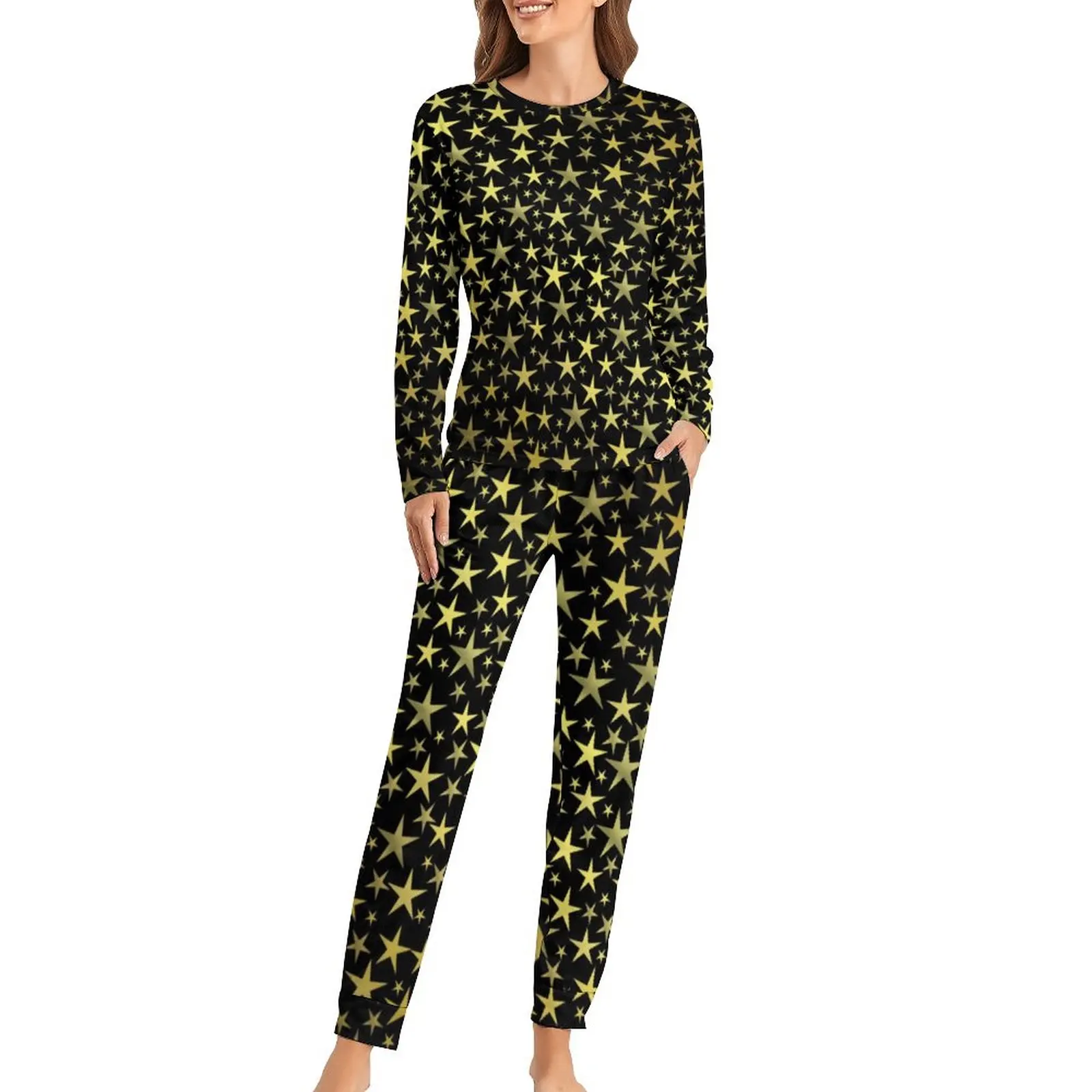 Black-Gold-Star-Pajamas-Bright-Shiny-Print-2-Pieces-Leisure-Pajama-Sets ...