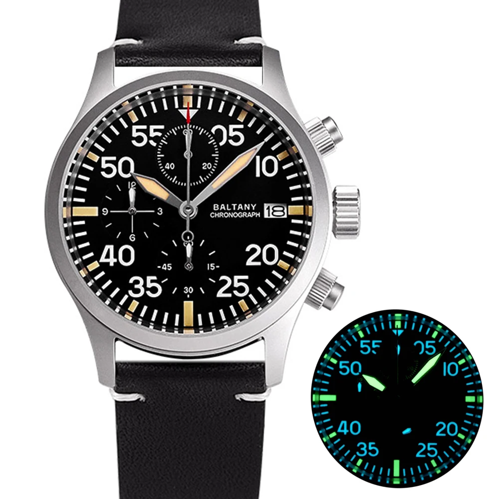 Baltany Military Watch Men 39mm Vintage Pilot Watch VK67 Chronograph ...