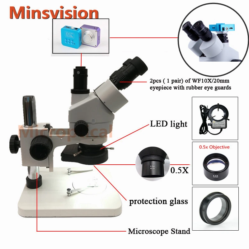 Minsvision 7x-45x Trinocular Stereo Zoom Microscope 16mp Camera Hdmi Tf ...