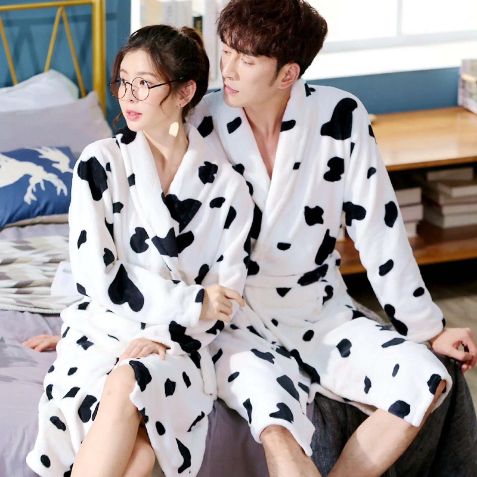 Winter Lovers Solid Flannel Thick Bathrobe Set Couple Matching Long ...