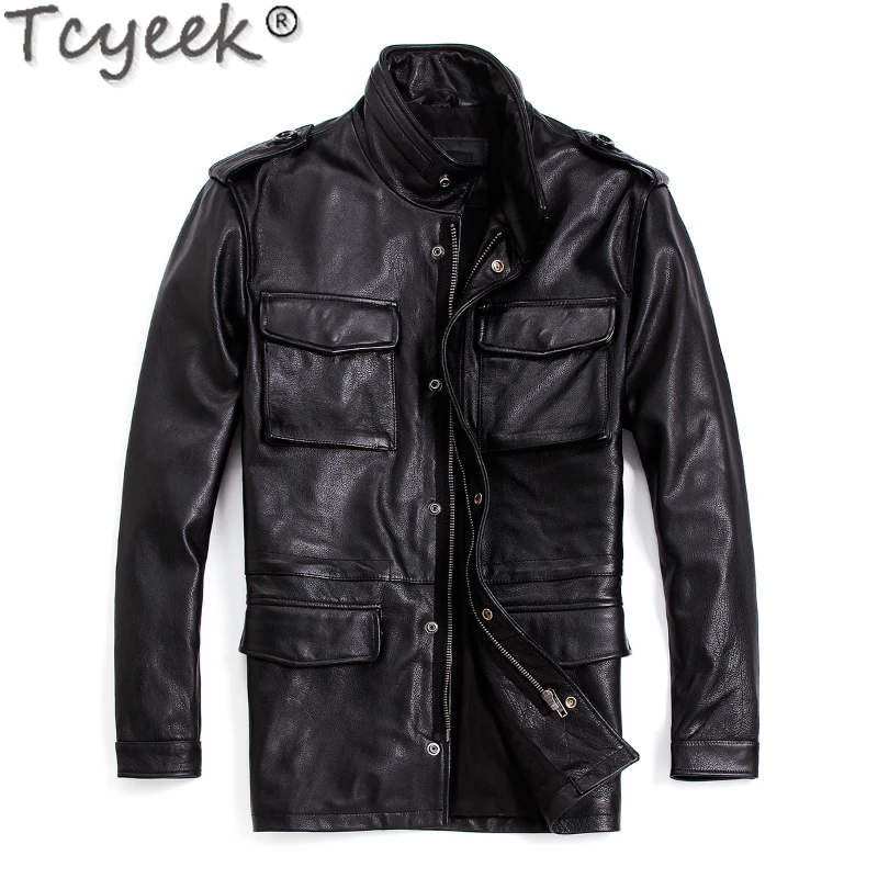 Leather Safari Jacket Men | M65 Leather Jacket Men | Leather Trench ...