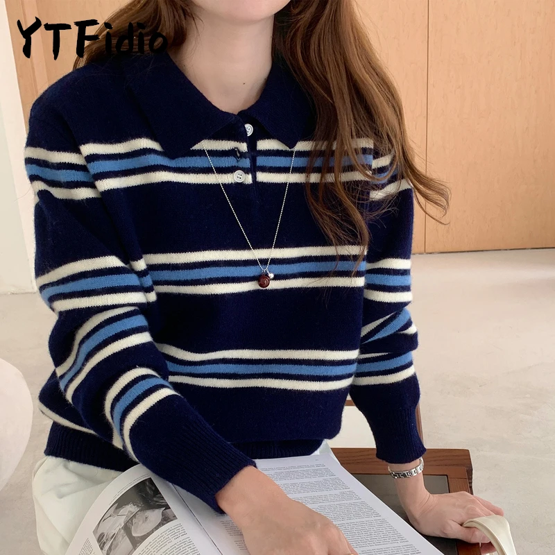 YTFidio 100% Wool Women POLO Collar Striped Thick Pullover Sweater ...