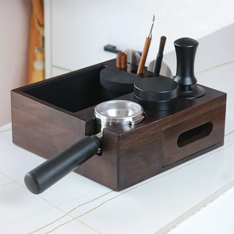 Walnut Wood coffee tamper station with Espresso Knock Box for Storage ...