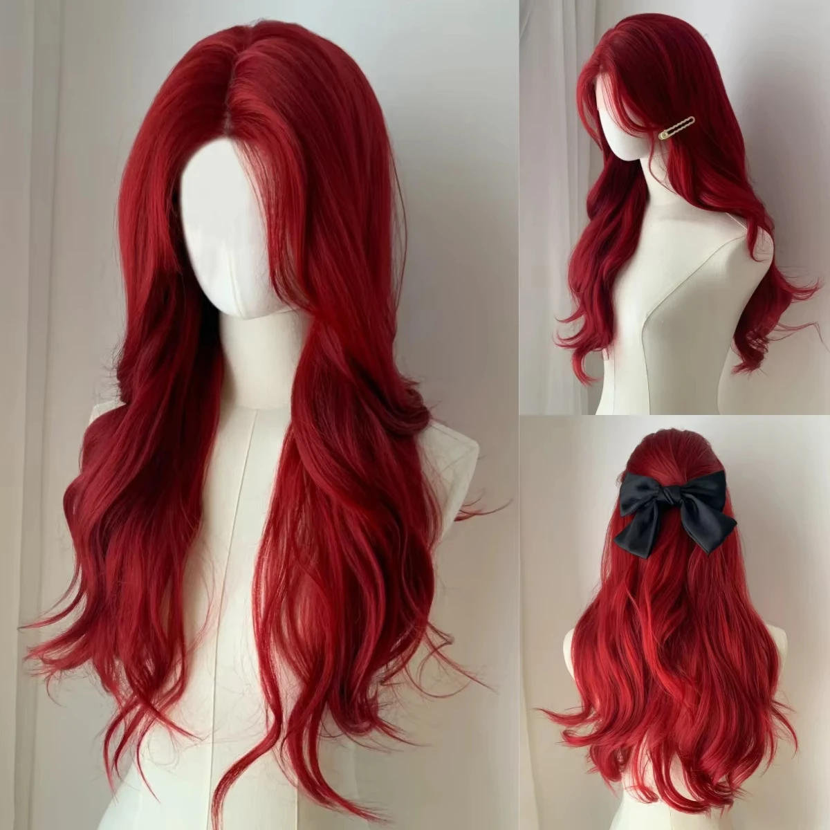 Fashion wine red Wave synthetic wig Long body wave red natural wig ...