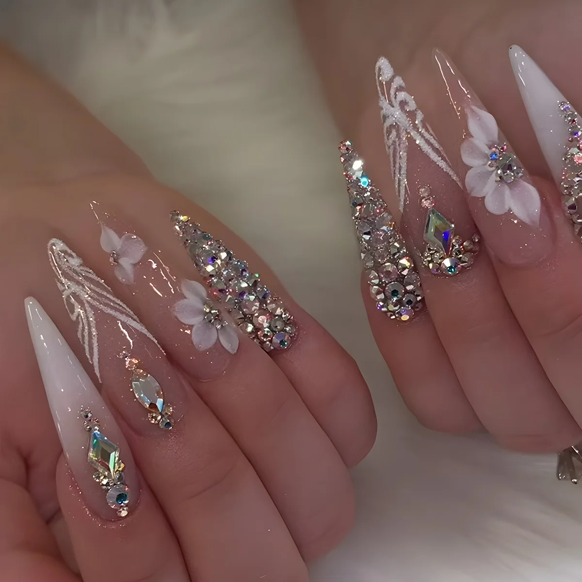 24Pcs Flower Nails Press on Long DIY Stick on Nails Flash Diamond Full ...