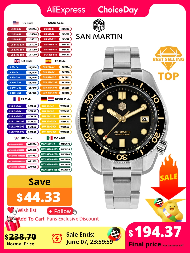San-Martin-Reloj-de-buceo-para-hombre-cron-grafo-mec-nico-autom-tico-de ...