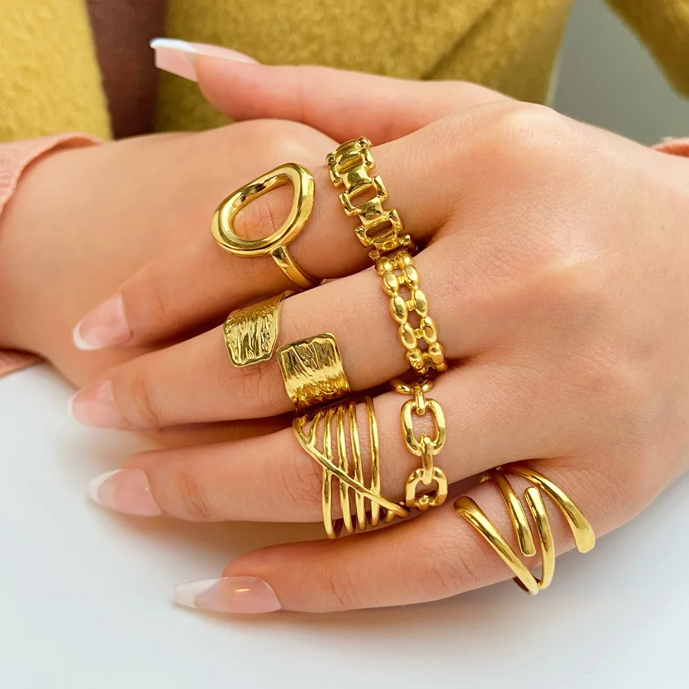 New Trendy Gold Color Simple Irregular Geometric Oval Hollow Out Opening Ring For Women Girls ...