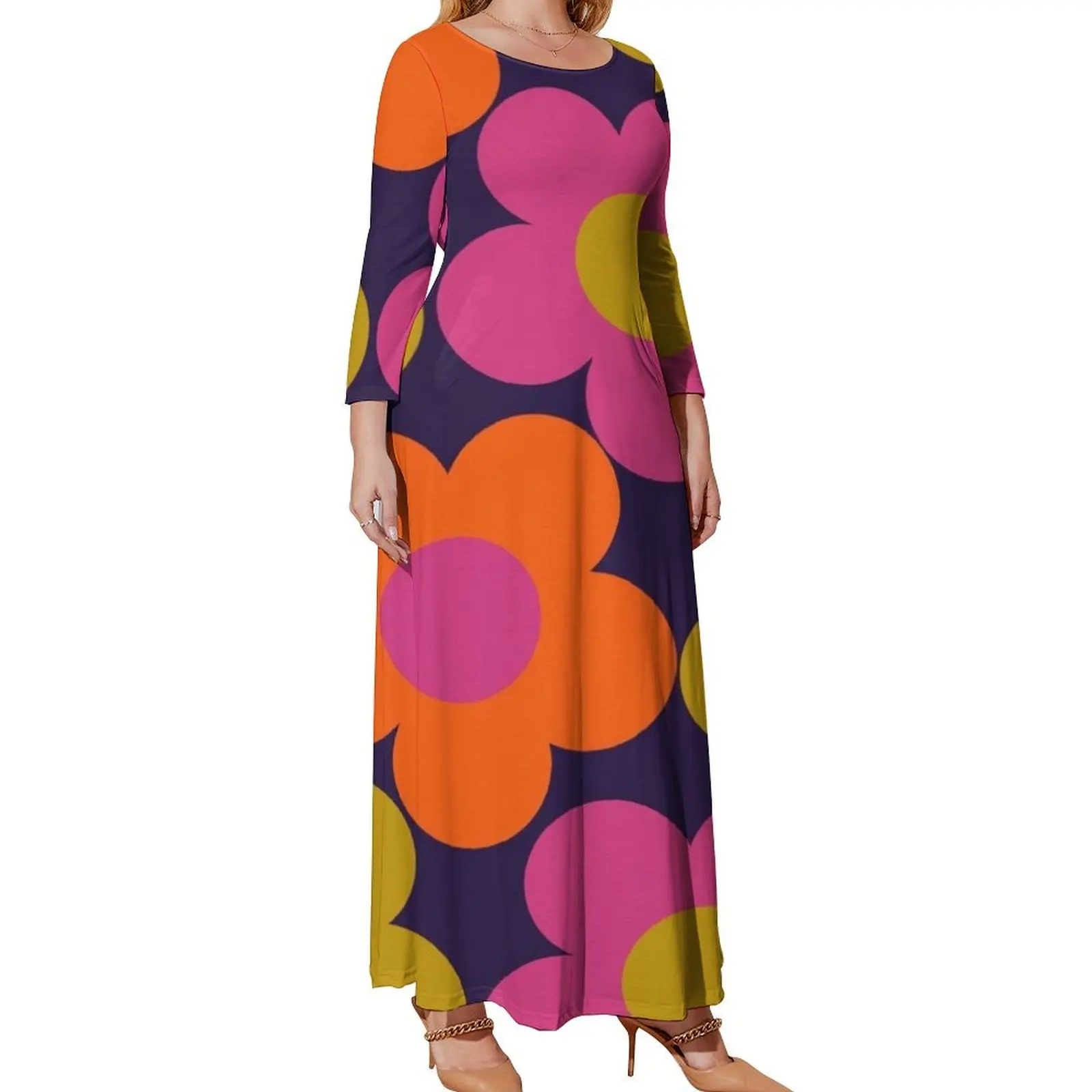 60s-Style-Neon-Flowers-Long-Sleeved-Dress-beach-dresses-long-dresses ...