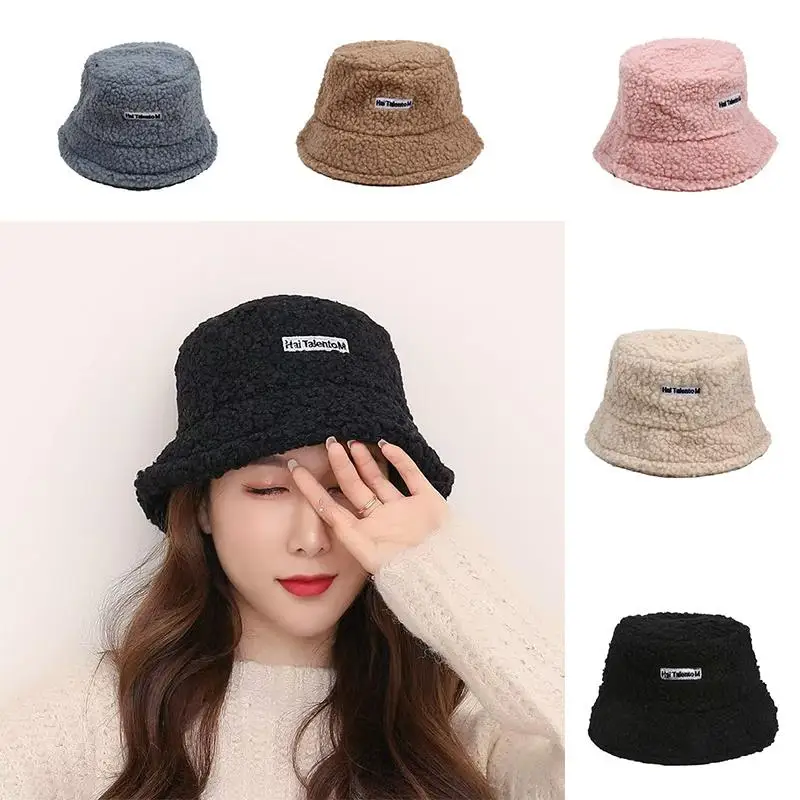1PC Winter Warm Bucket Hat Solid Color Letter Lamb Wool Girls Boys ...