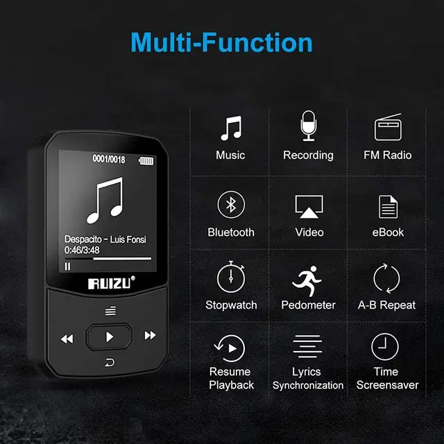 Ruizu x52スポーツBluetooth mp3プレーヤーポータブルクリップミニウォークマン、画面サポート付き、fm、レコーディング、電子 ...