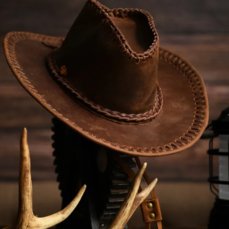 Wild-West-Cowboy-Hat-In-Crazy-Horse-Leather-Outdoor-Leisure-Cap-Genuine ...