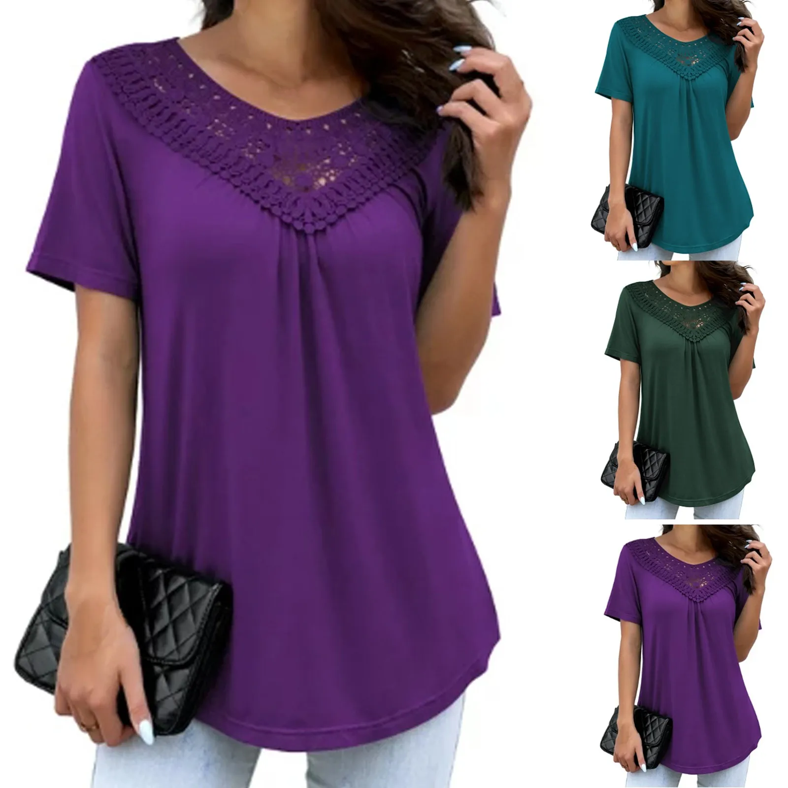 Women-s-Top-Trending-Clothes-2024-Plus-Size-Top-Casual-Solid-Color-Lace ...